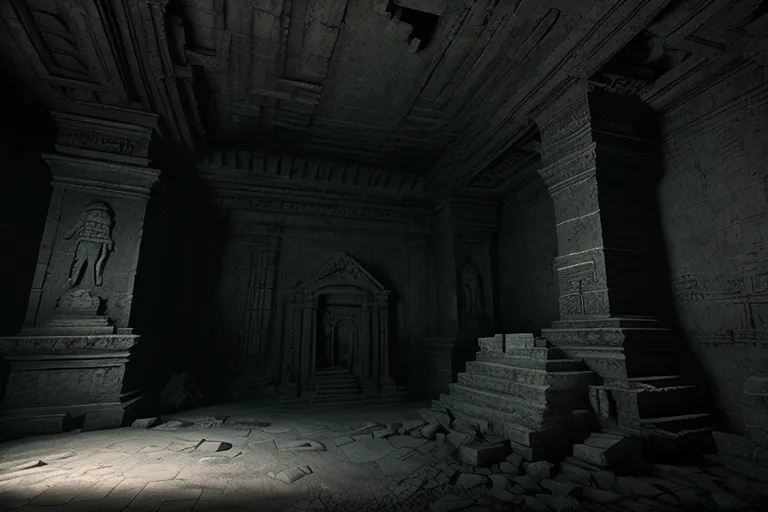 Dark temple with elephant statues, rubble-covered floor, and ancient ...