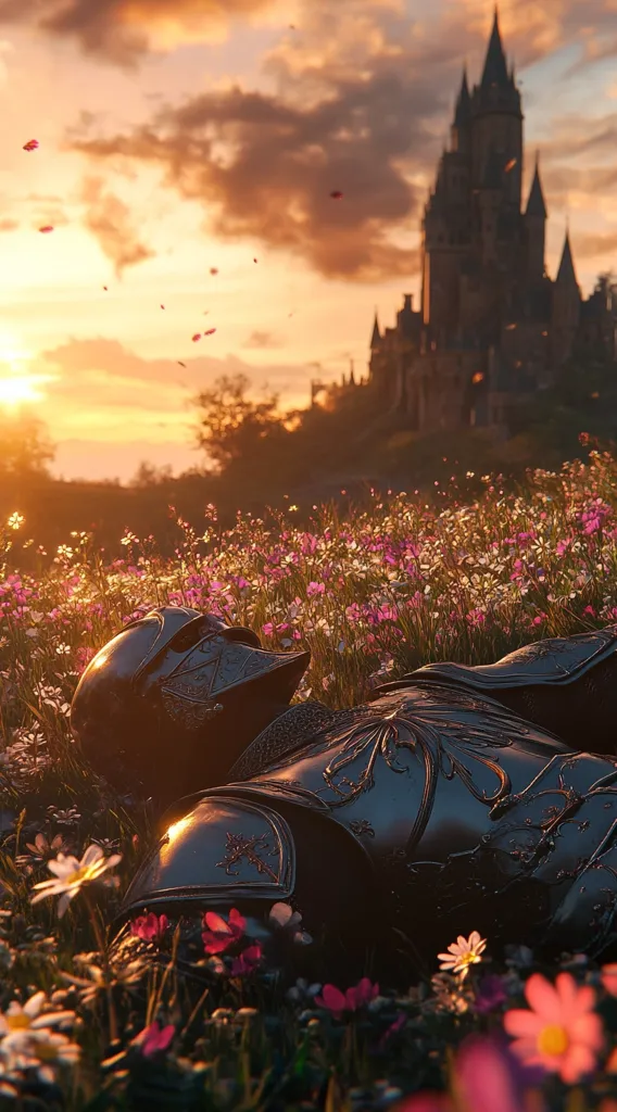 Midjourney: Peaceful knight in armor, castle, and sunset scene described.