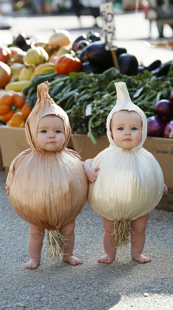 Midjourney: Two babies dressed as adorable onions in a farmer's market.