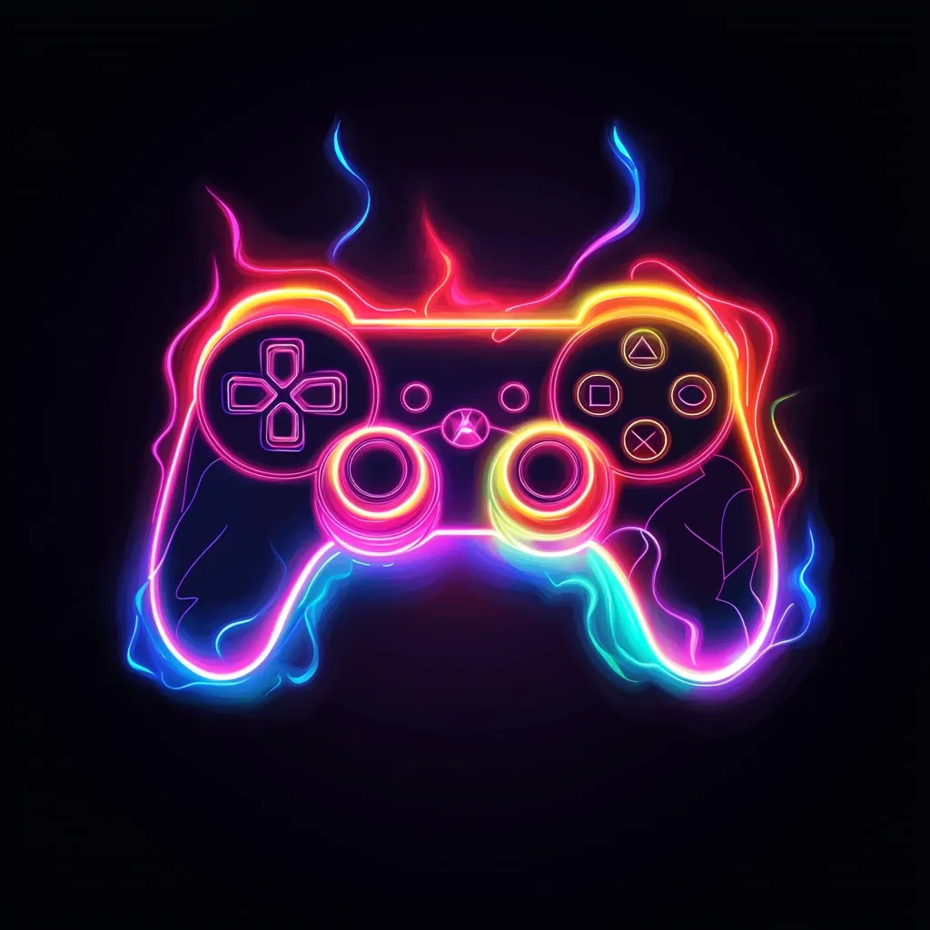 Midjourney: Vibrant, stylized video game controller in neon aesthetic.