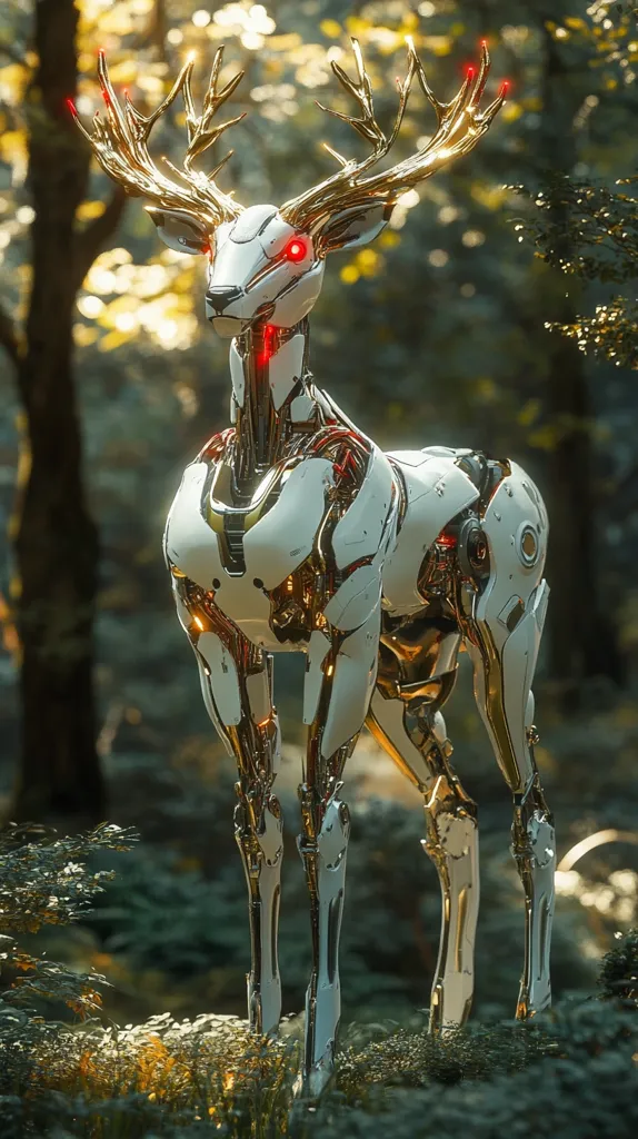 Midjourney: Futuristic robotic deer in sun-dappled forest, a ...