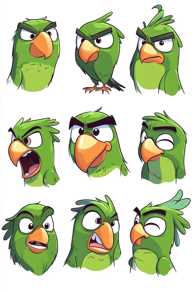 Midjourney: Nine cartoon parrots show a range of facial expressions.