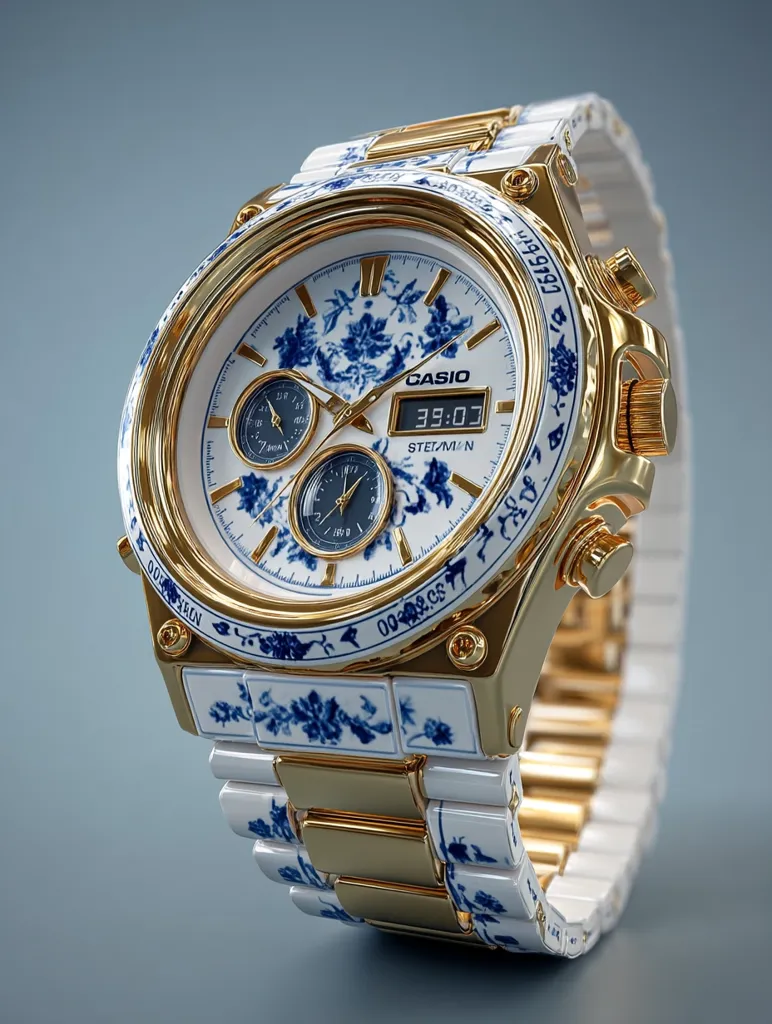 Midjourney: Casio watch with gold, white, and blue floral design.